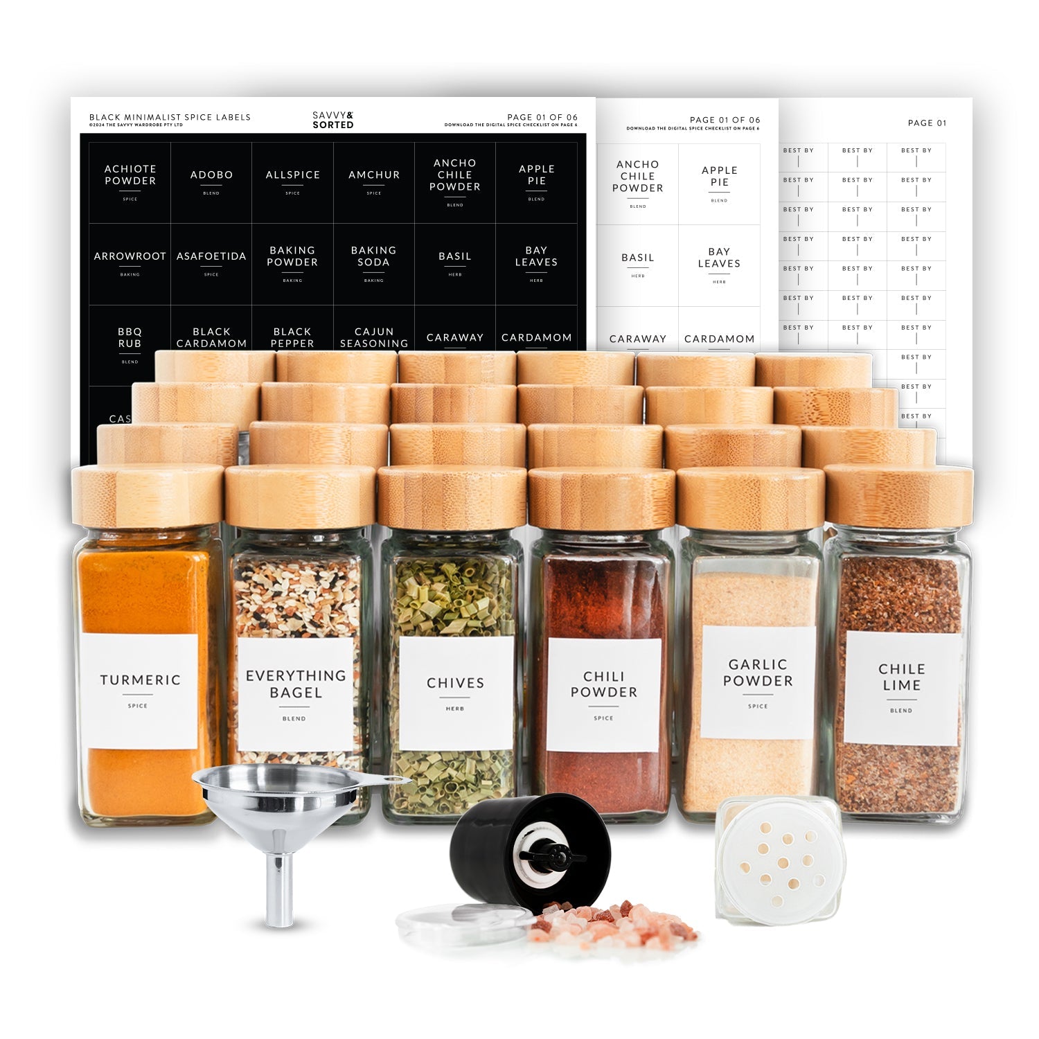 Glass Spice Jars with Bamboo Lids - 24 PACK | Savvy & Sorted US